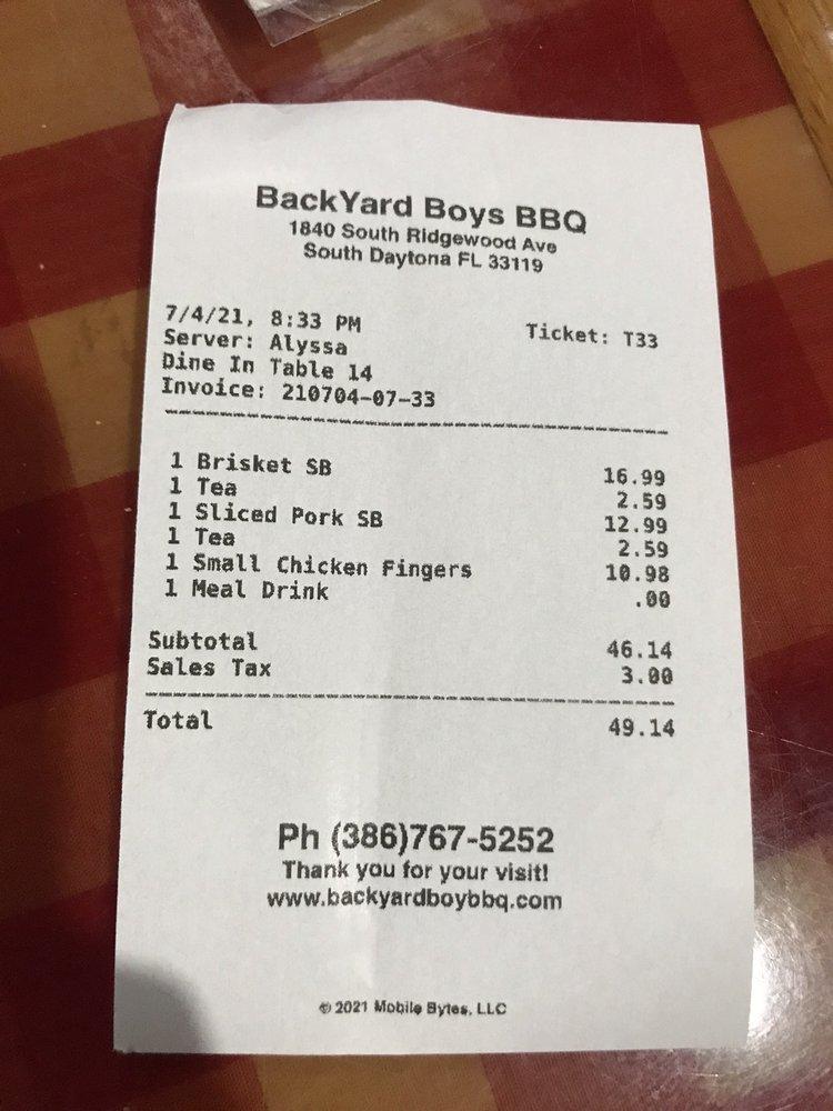 Menu at Backyard Boys BBQ, South Daytona