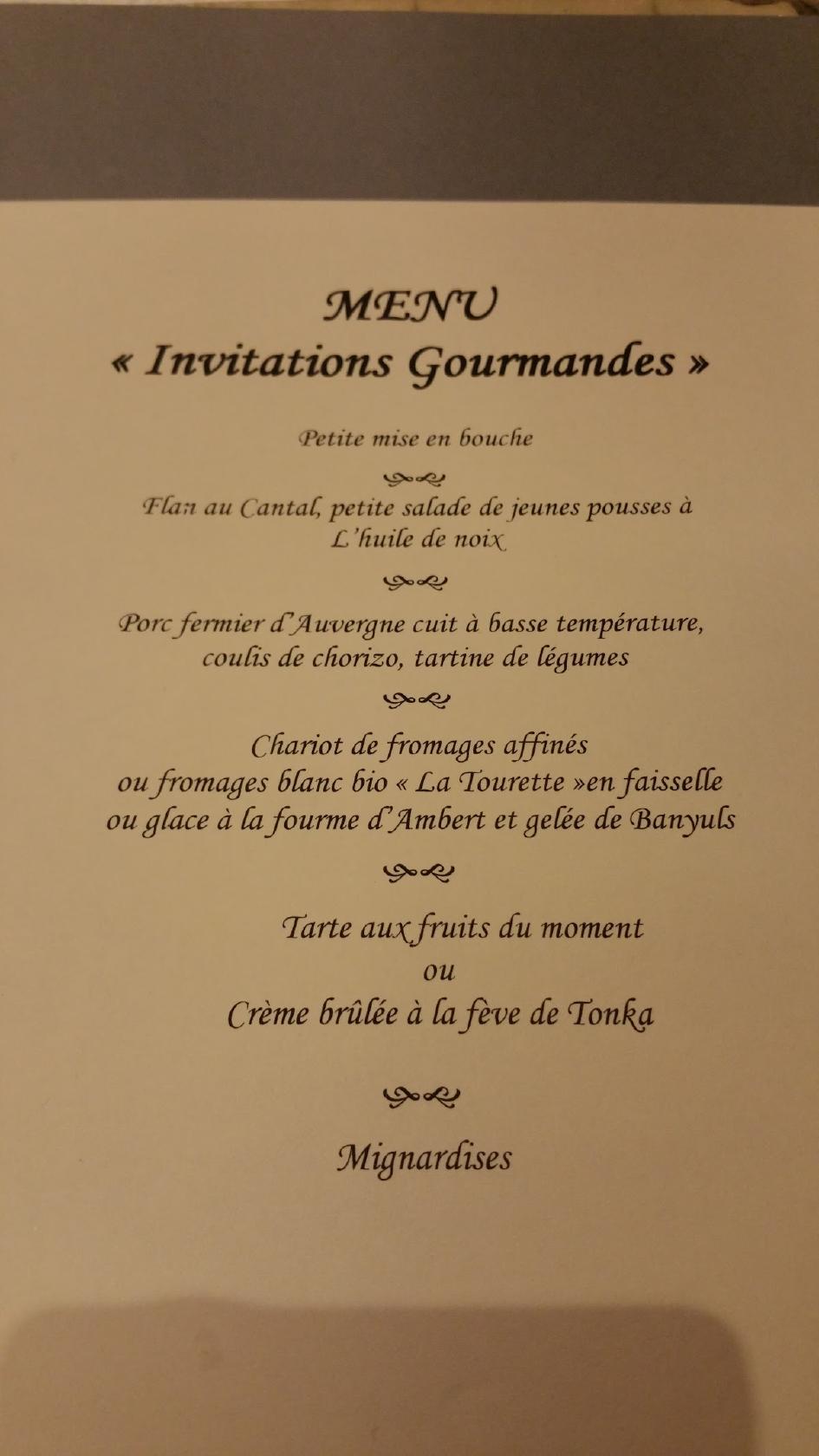 Menu at Fontbonne Jacques restaurant, Sauxillanges