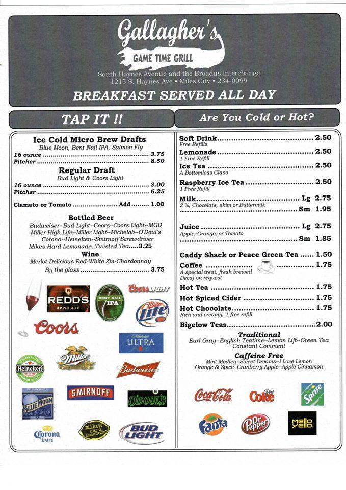 Menu at Gallagher's Game Time Grill restaurant, Miles City