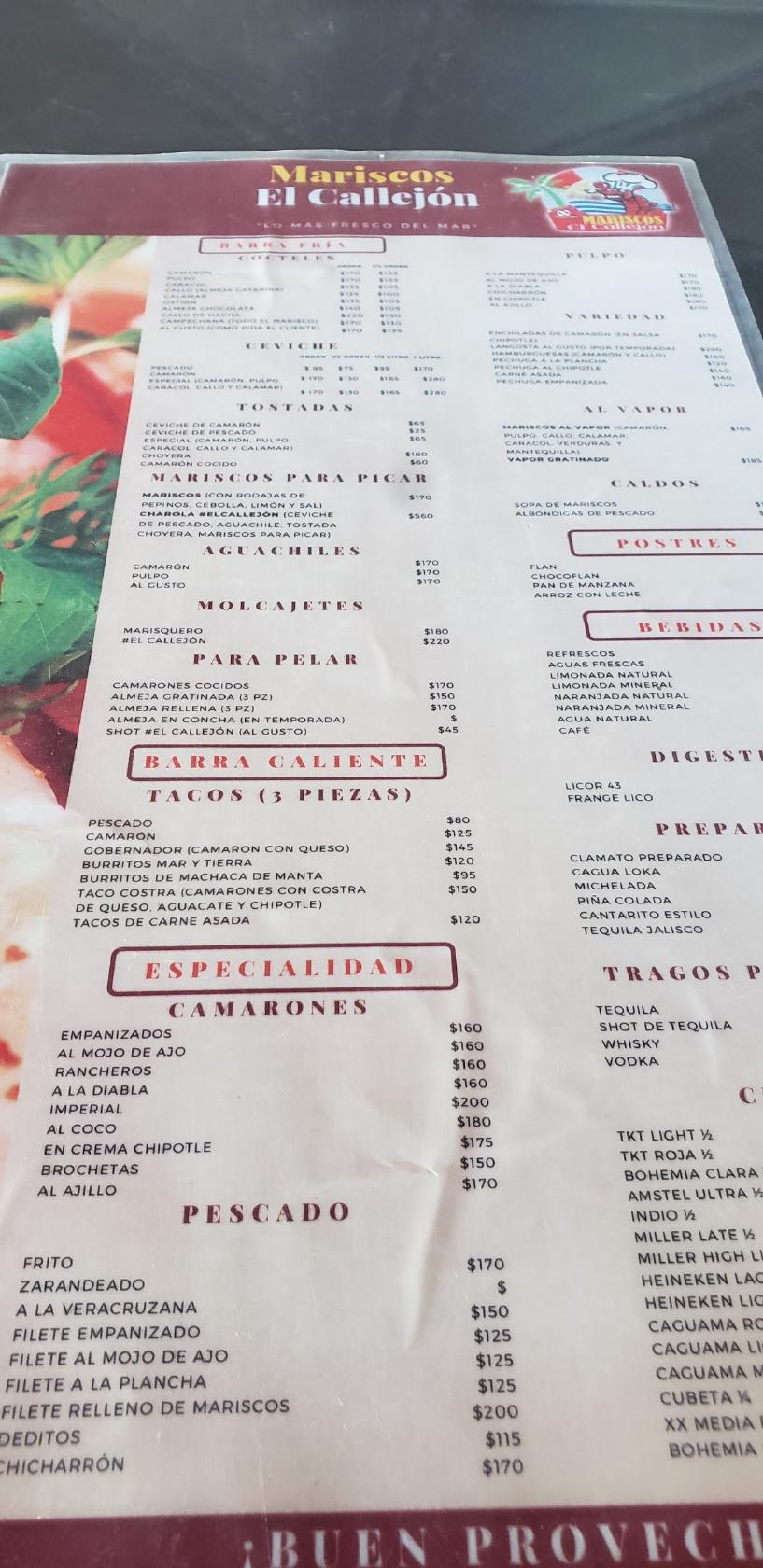 Menu at Mariscos El Callejón restaurant, Ciudad Constitución