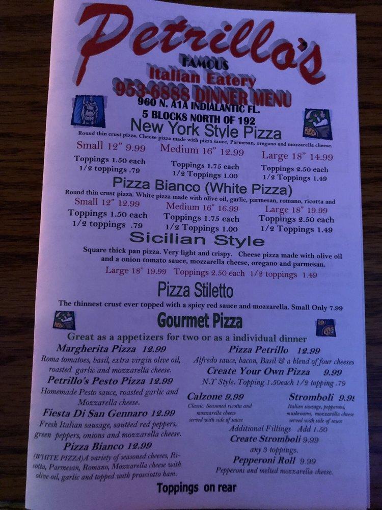 Menu at Petrillo's Restaurant, Indialantic