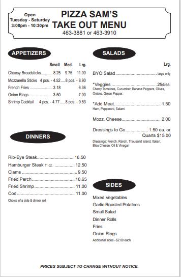 Menu at Pizza Sam pizzeria, Alma