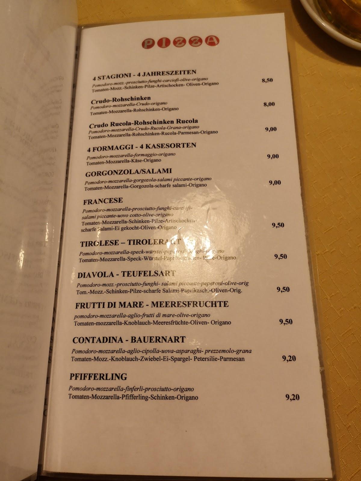Menu at Pizzeria Irene, Resia, Località Passo