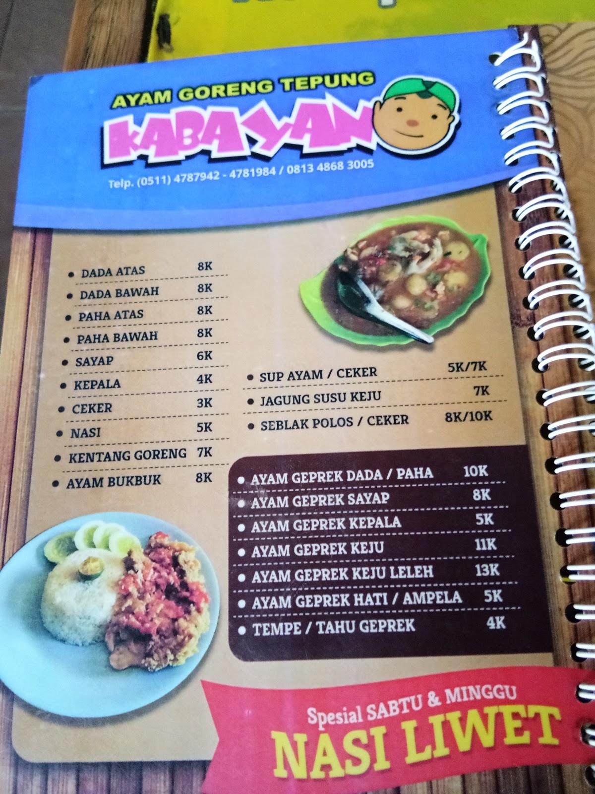 Menu at RM Kabayan restaurant, Banjarbaru