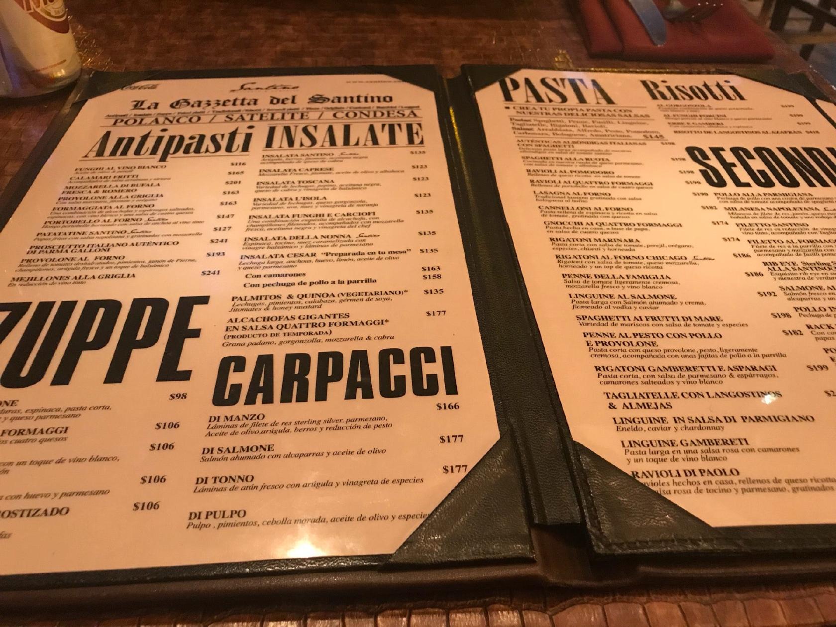 Carta del restaurante Santino Polanco, Ciudad del México, Av. Pdte ...