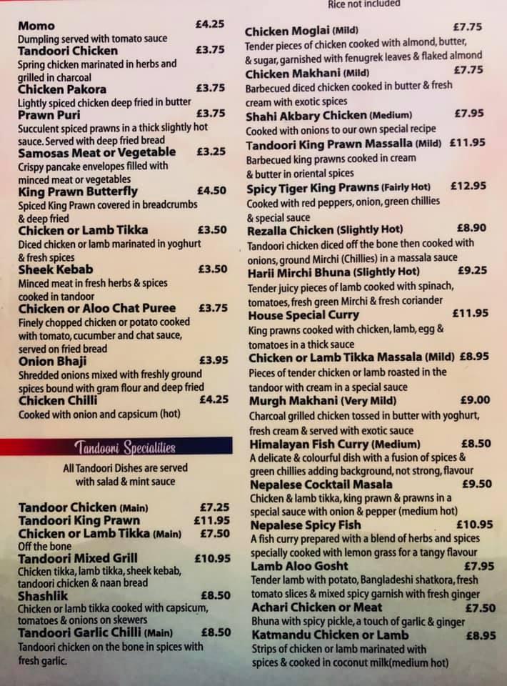Menu at Taste of the Himalayas Launceston restaurant, Launceston