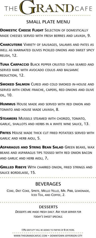 Menu at The Grand Cafe, Jefferson City