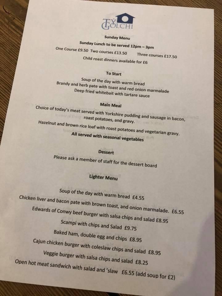 Menu at Tŷ Golchi restaurant, Bangor, Caernarfon Rd