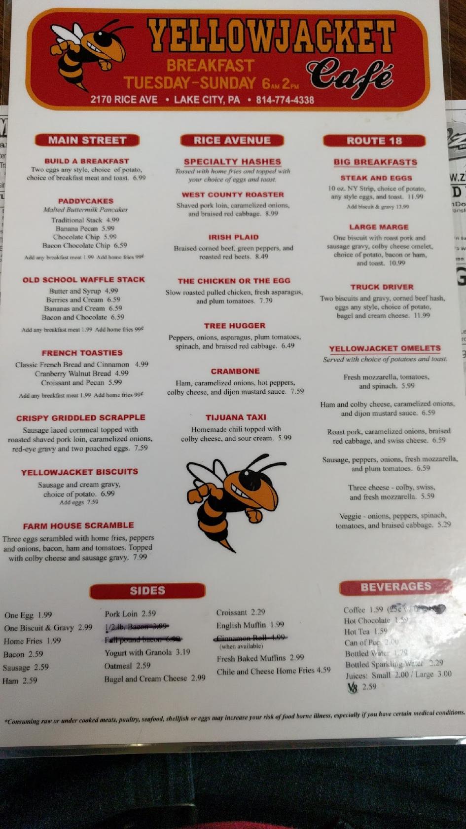 Menu at Yellow Jacket Cafe, Lake City