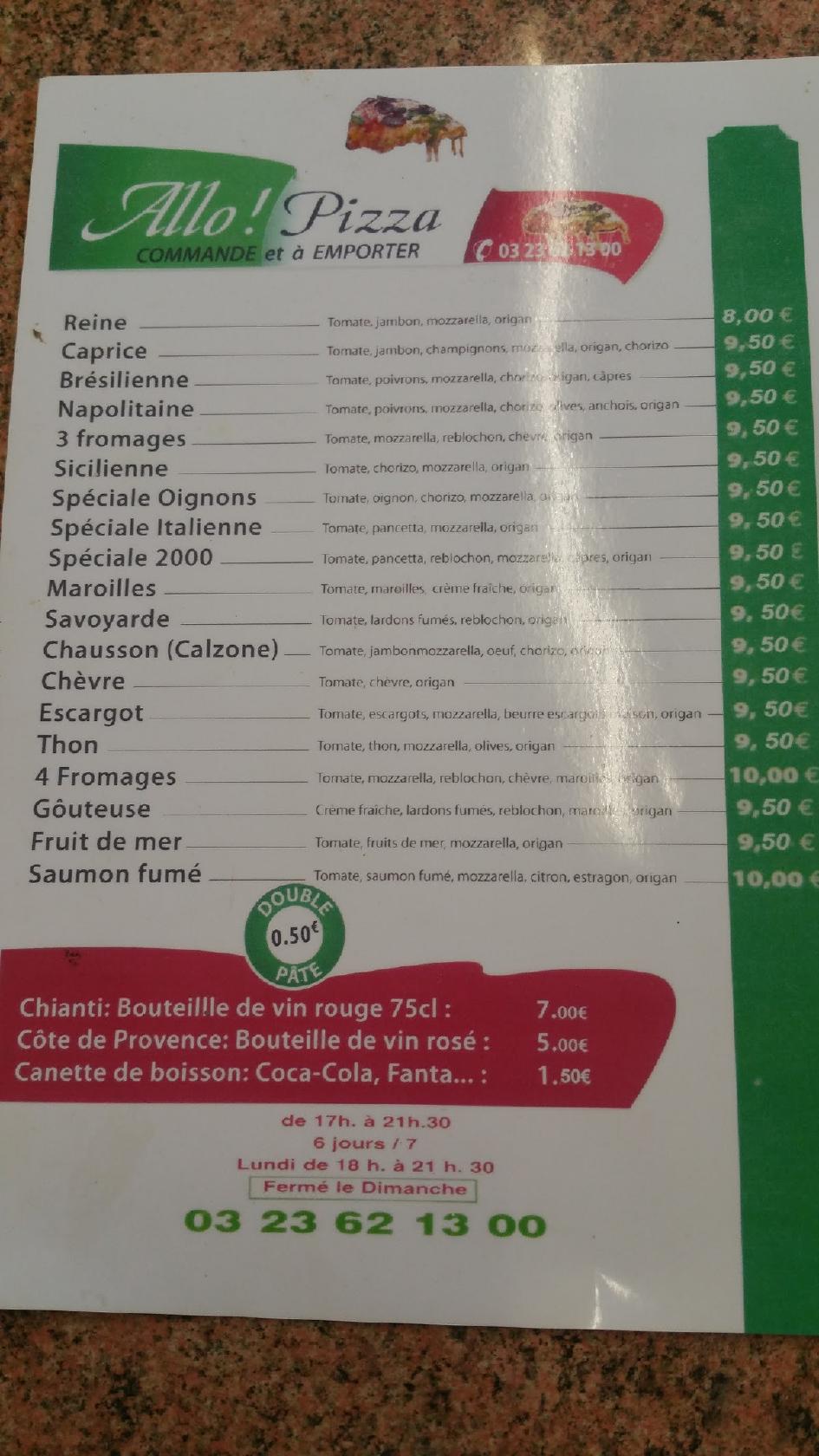 Menu au Allo Pizza pizzeria, Saint-Quentin, 32 Bd Henri Martin