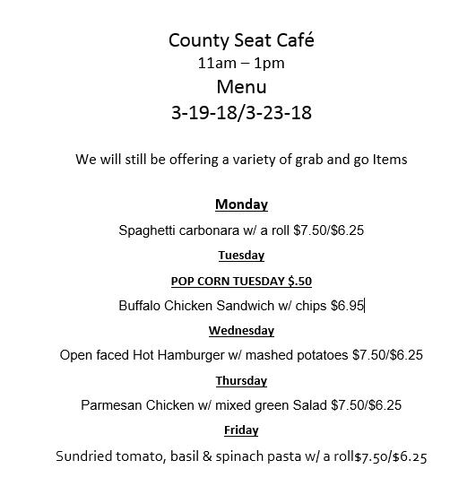 Menu at County Seat Cafe, Fargo