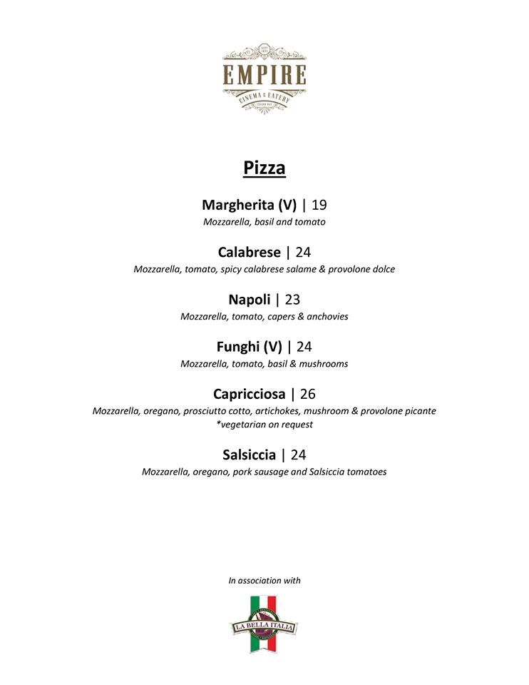 Menu at Empire Cinema IB cafe, Wellington