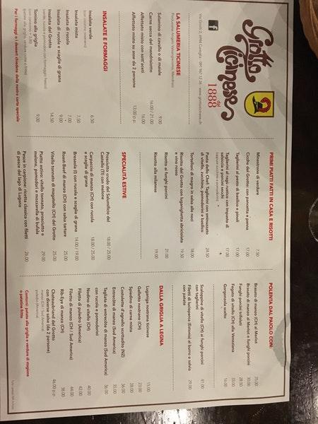 Menu at Grotto Ticinese, Cureglia, Via Grotti 2