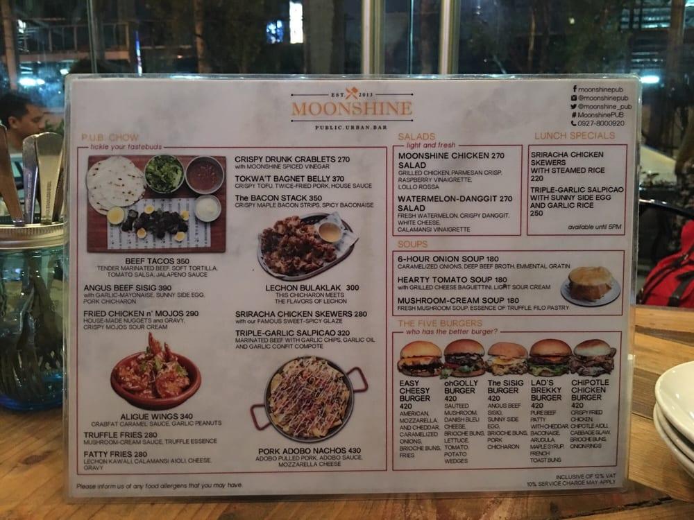 Menu at Moonshine pub & bar, Pasig