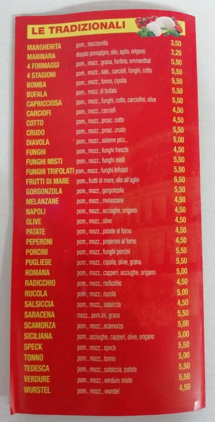 Menu at Pizzeria Vecchia Roma, Bologna