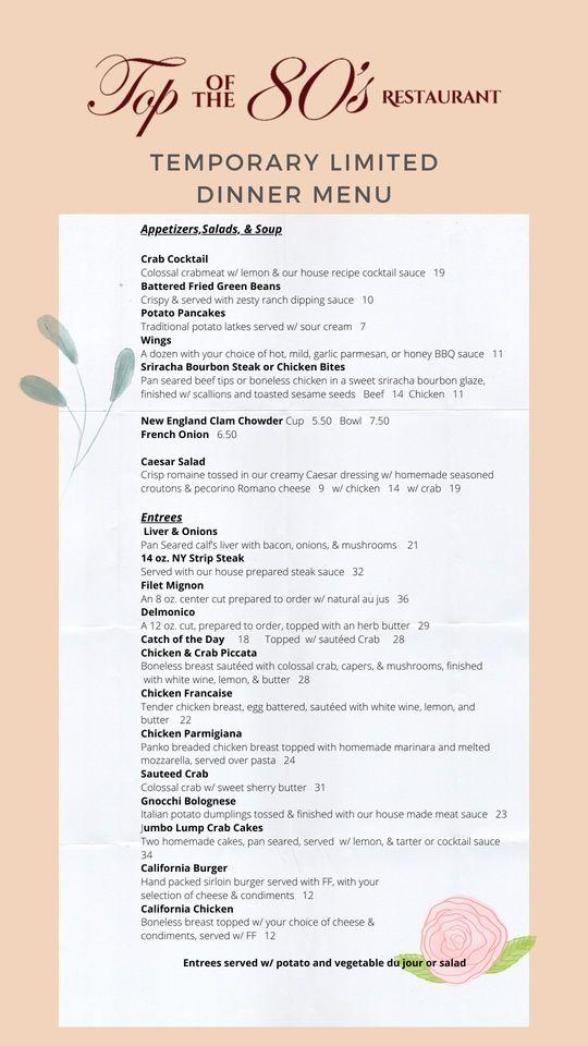 Menu at Top of the 80's restaurant, West Hazleton