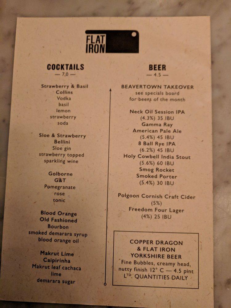 Menu at Flat Iron Covent Garden steakhouse, London, 17-18 Henrietta St