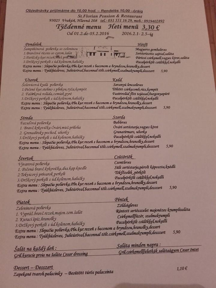 Menu at St. Florian Restaurant & Pension, Vrakúň