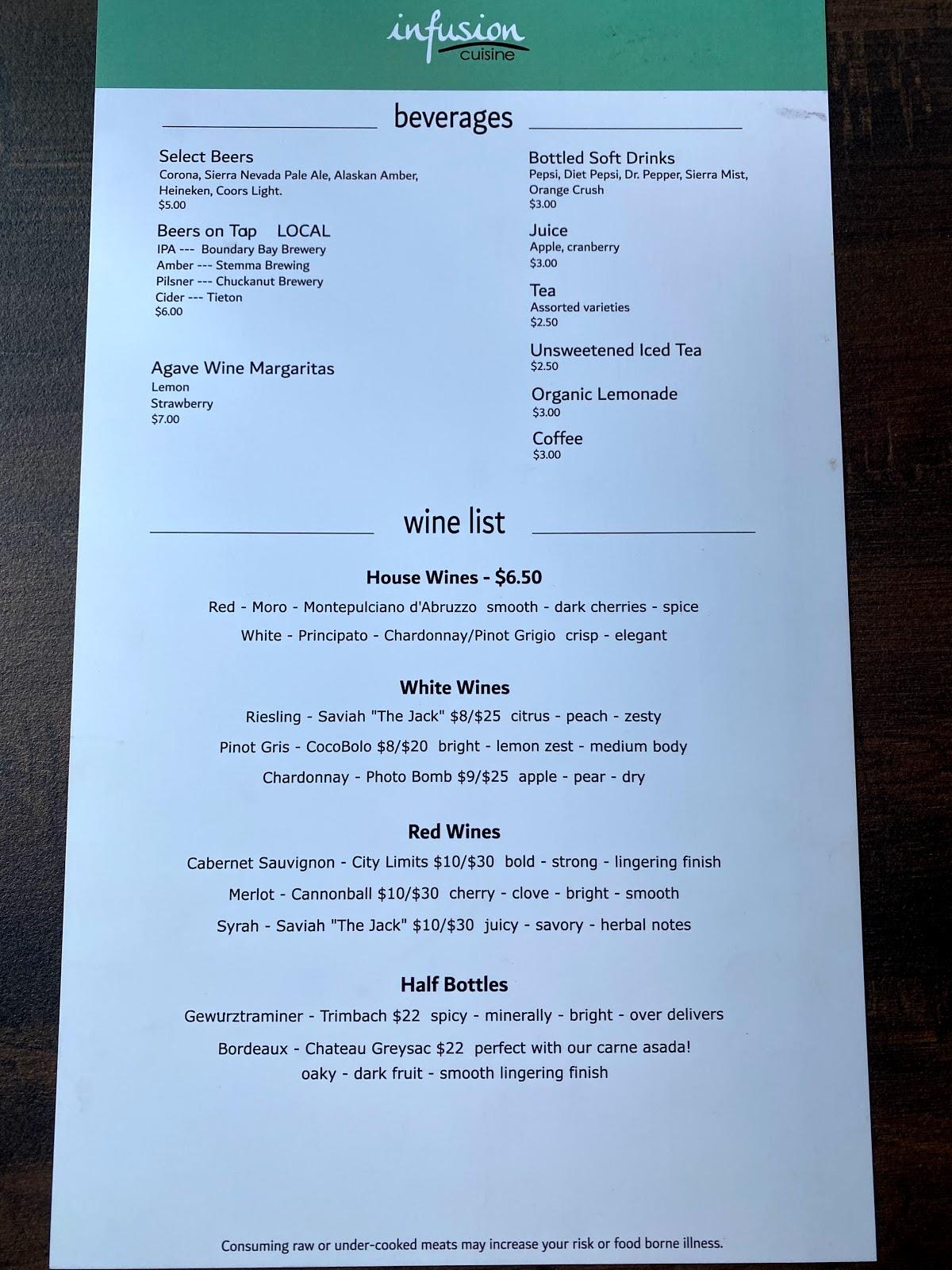 Menu at Infusion Cuisine restaurant, Lynden