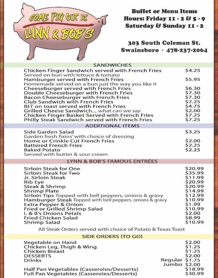Menu at Lynn & Bob's restaurant, Swainsboro