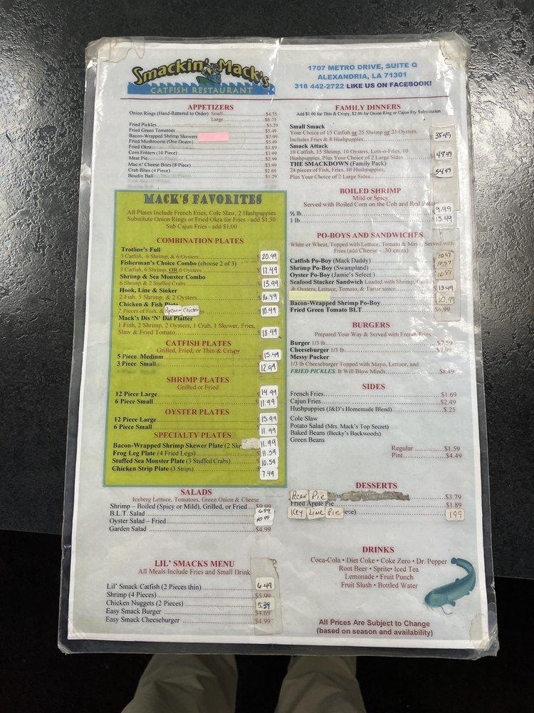 Menu at Smackin Mack's restaurant, Alexandria