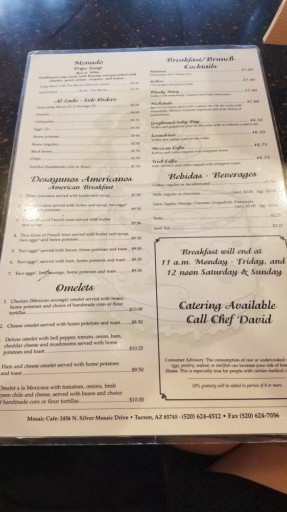 Menu at Teresa's Mosaic Cafe, Tucson, N Silver Mosaic Dr
