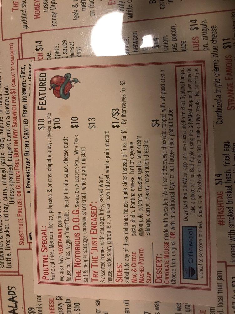 Menu at The Bad Apple pub & bar, Chicago