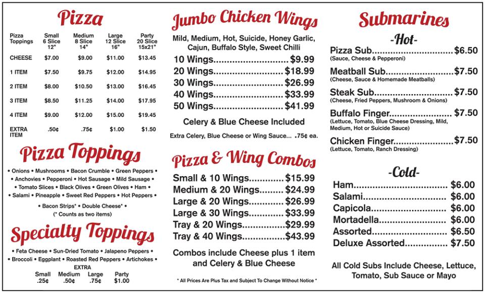 Menu at Vincent's Pizzeria, Welland