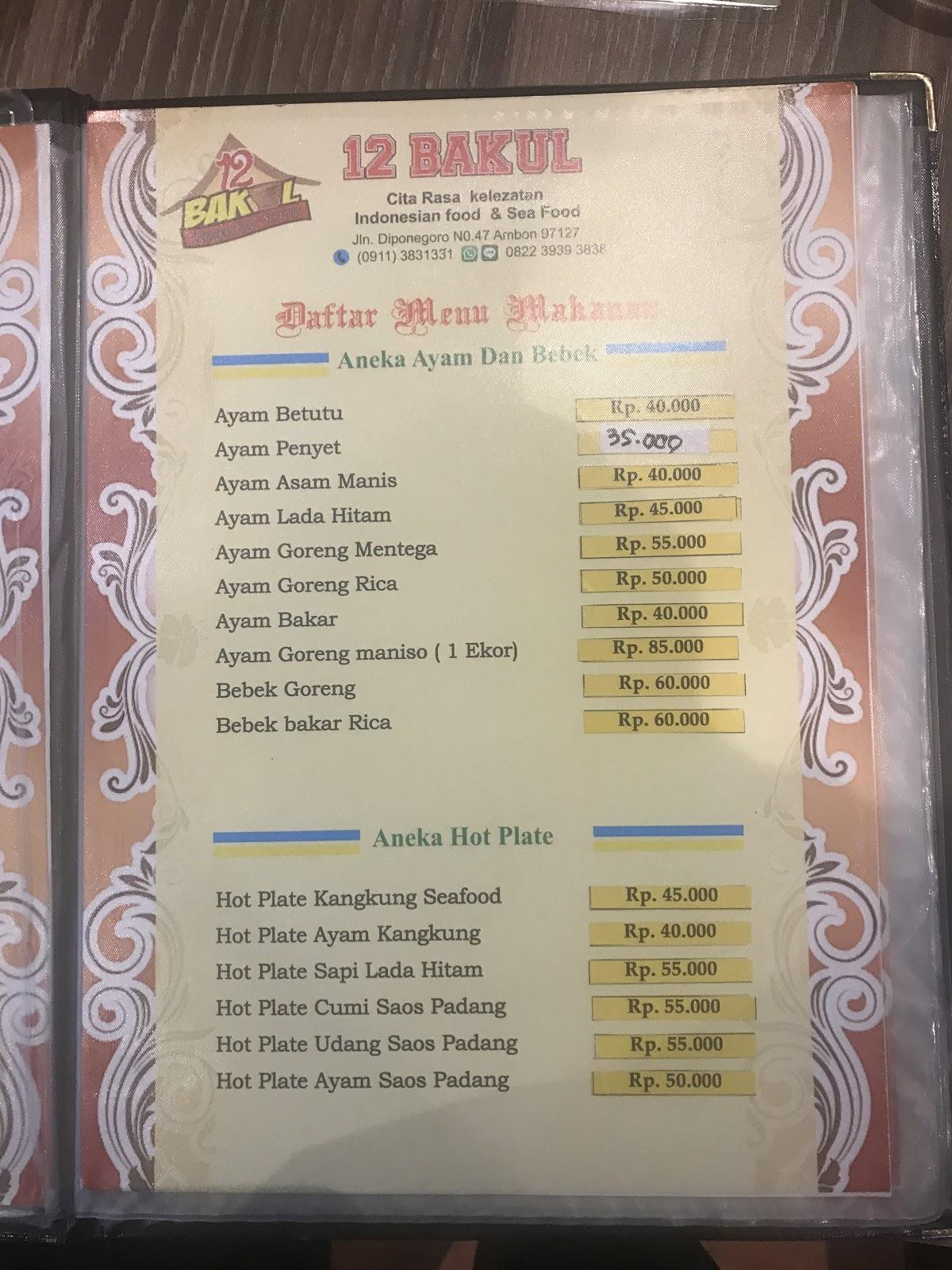Menu at 12 Bakul Resto Ambon restaurant, Teluk Ambon