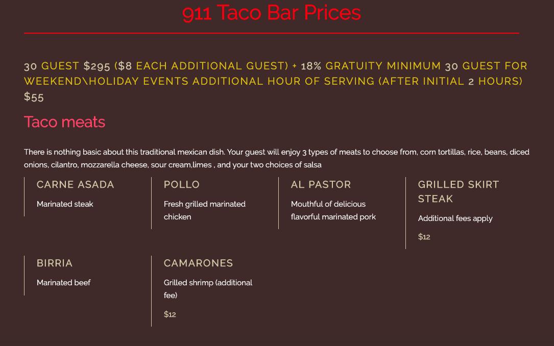 Menu at 911 Taco Bar, Las Vegas