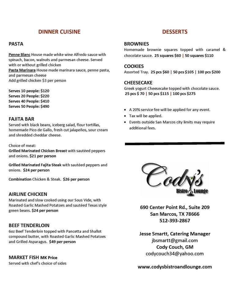 Menu at Cody's Restaurant Bar & Patio, San Marcos