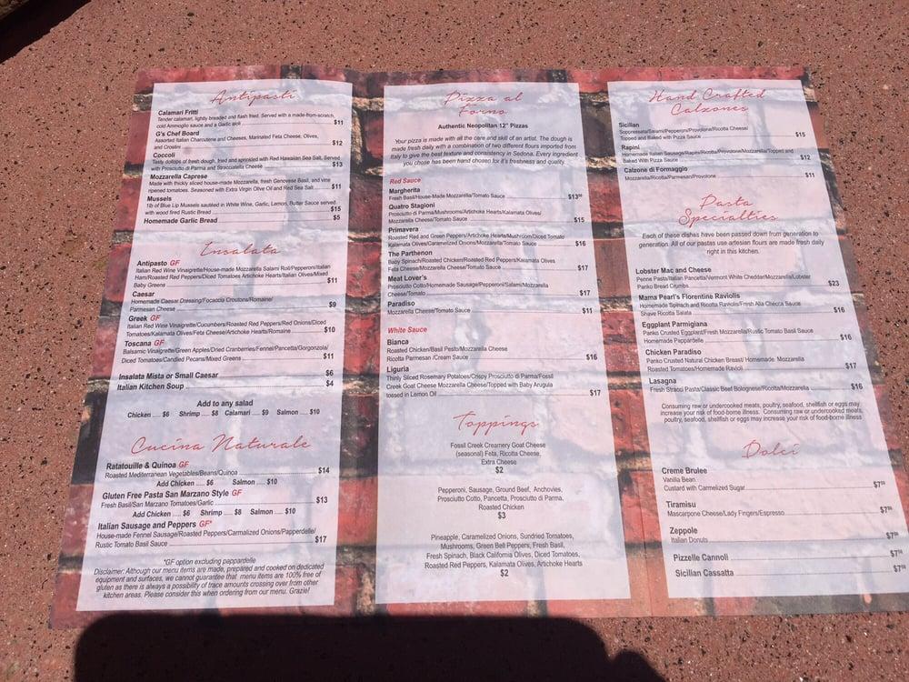 Menu at Gerardo's Pizzeria, Sedona