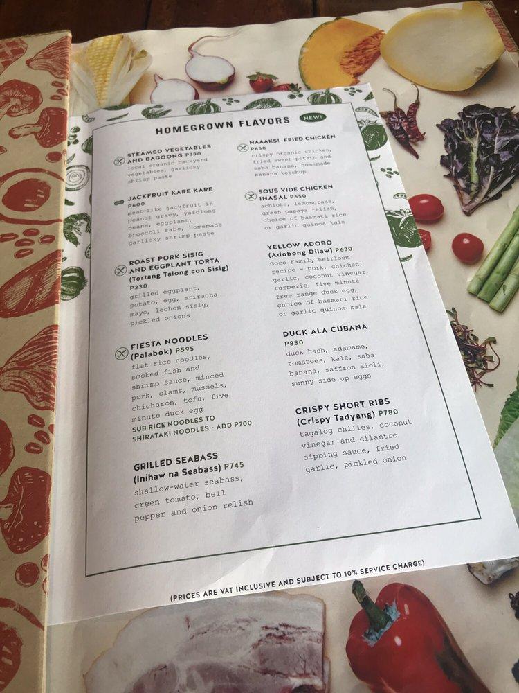Menu at Green Pastures restaurant, Mandaluyong