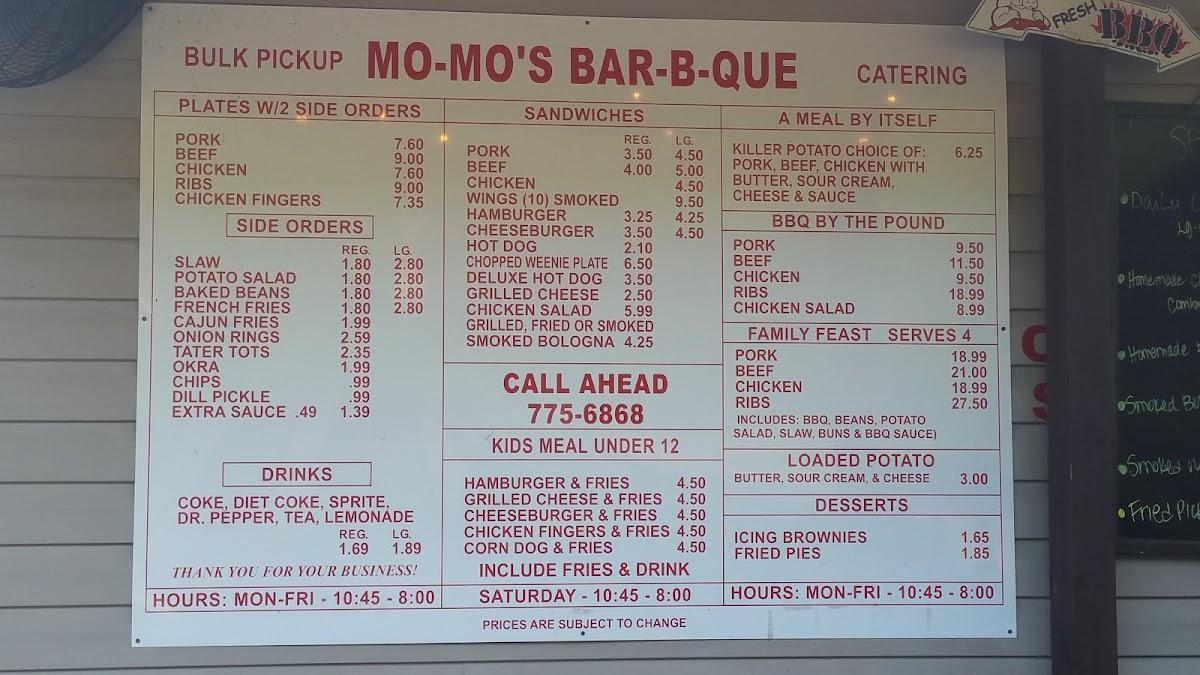 Menu at MO MO's Bar BQ, Dayton