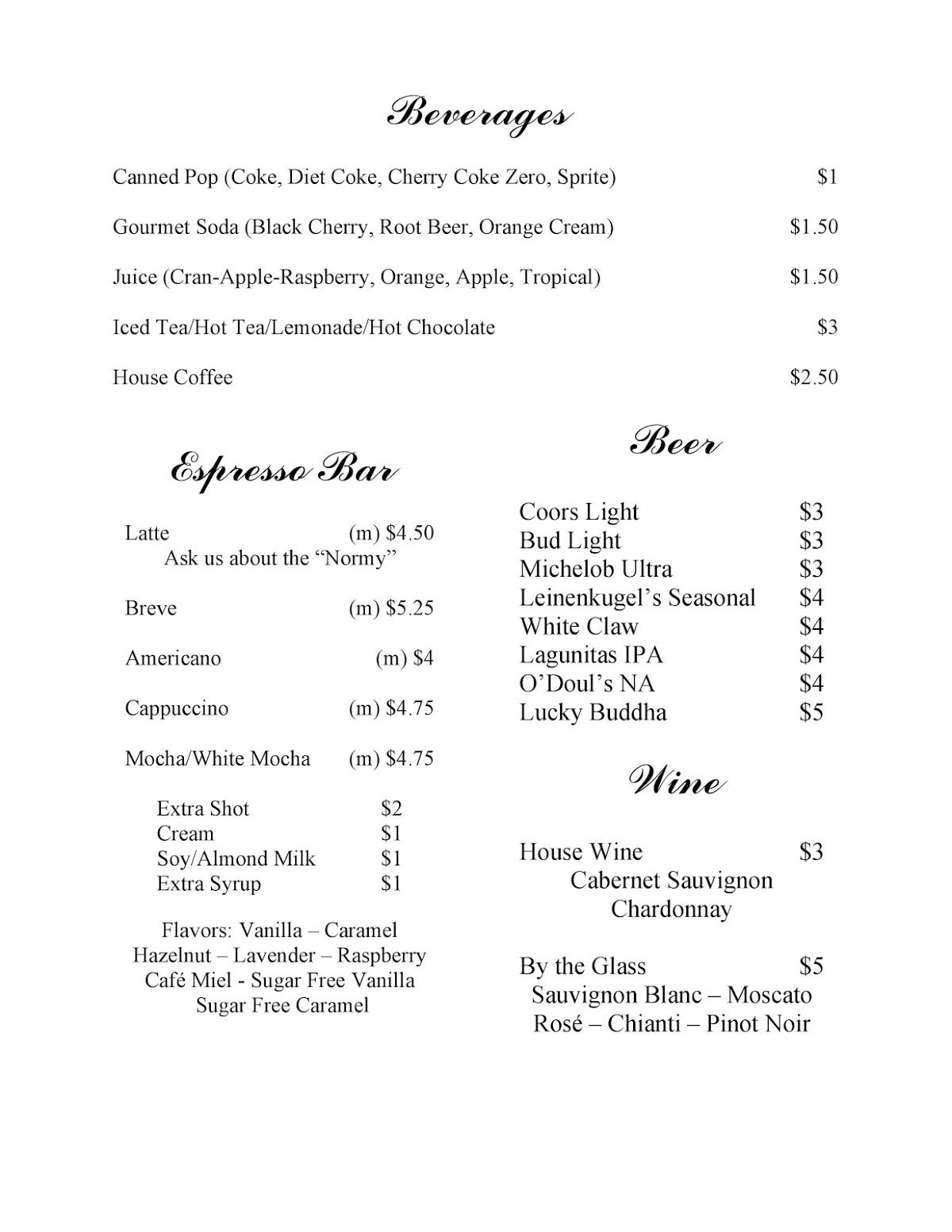Menu at Willa B's cafe, Yankton