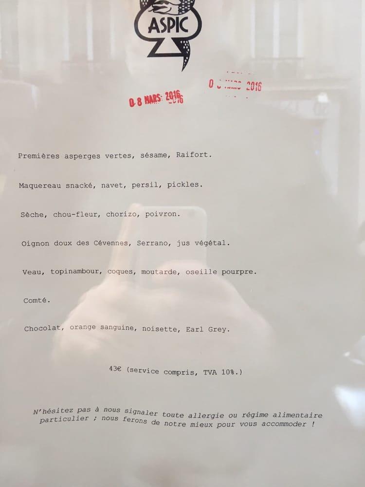 Menu at ASPIC restaurant, Paris, 24 Rue Louise-Émilie de la Tour d'Auvergne