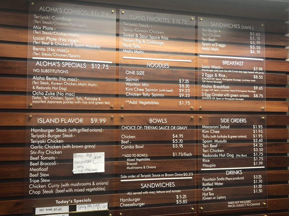 Menu at Aloha Specialties restaurant, Las Vegas
