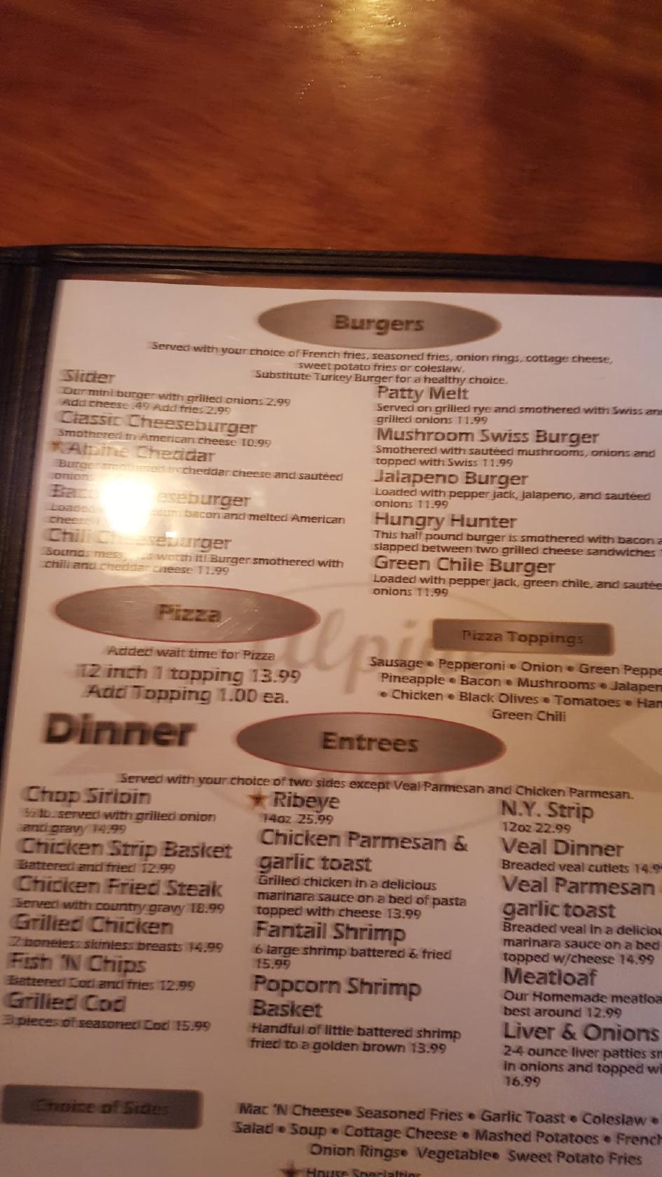 Menu at Alpine Grill & Still restaurant, Alpine