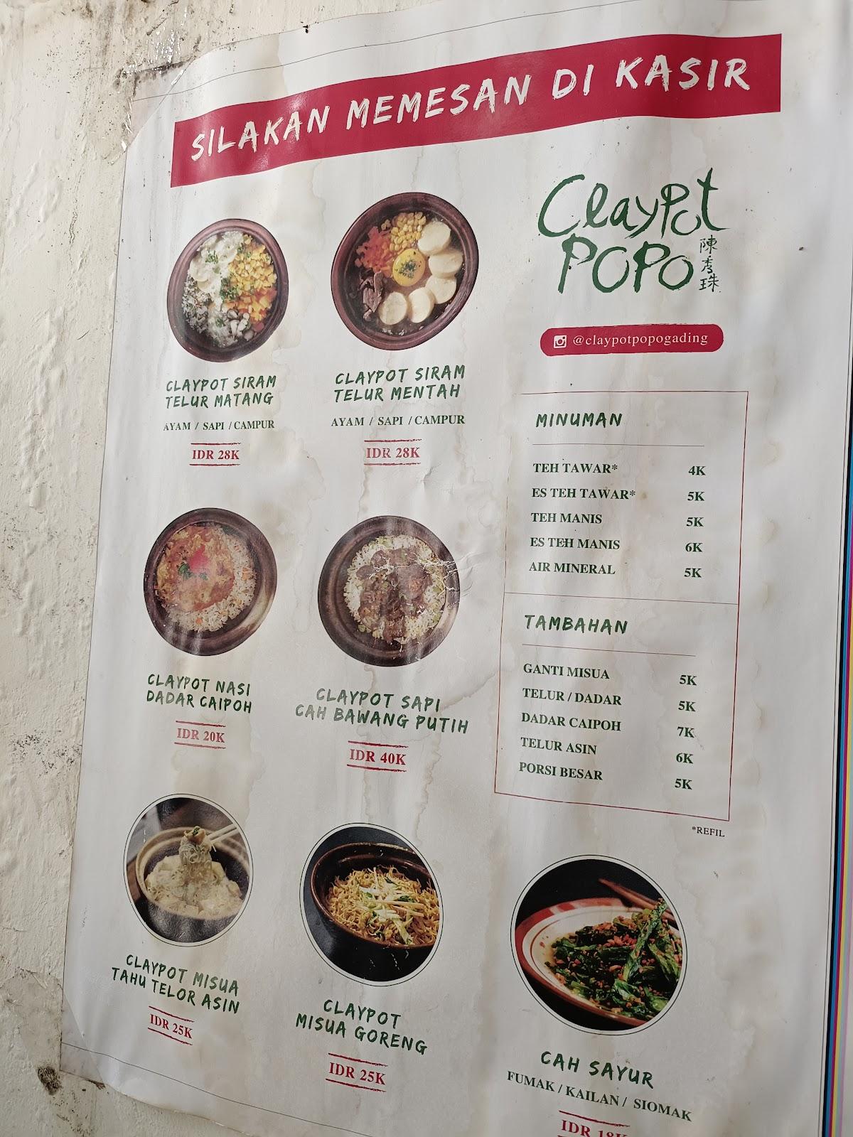 Menu at Claypot Popo Kelapa Gading restaurant, North Jakarta, Jl ...