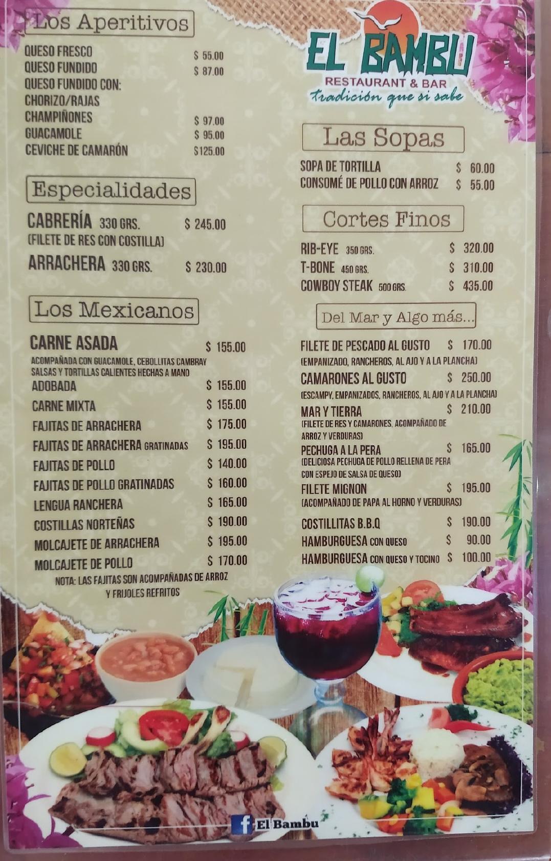 Carta del restaurante El Bambú, Mazatlán, Av. Reforma 2148