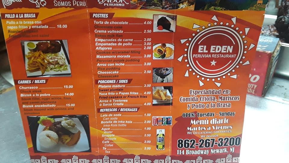Menu at El Eden restaurant, Newark