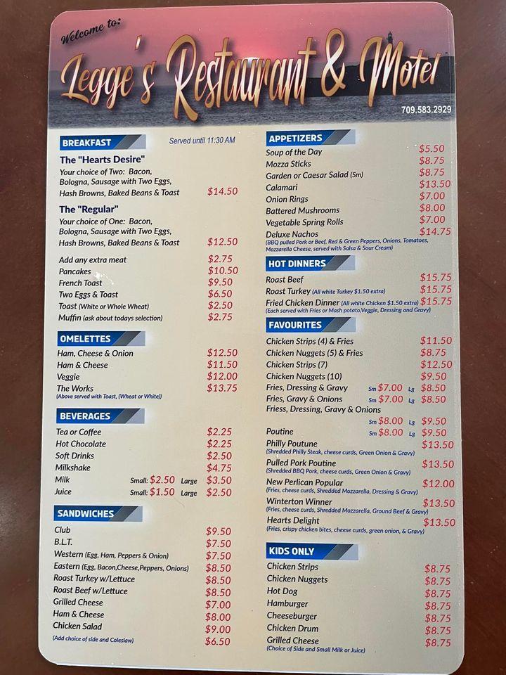 Menu at Legge's Restaurant & Motel Units, Heart's Content