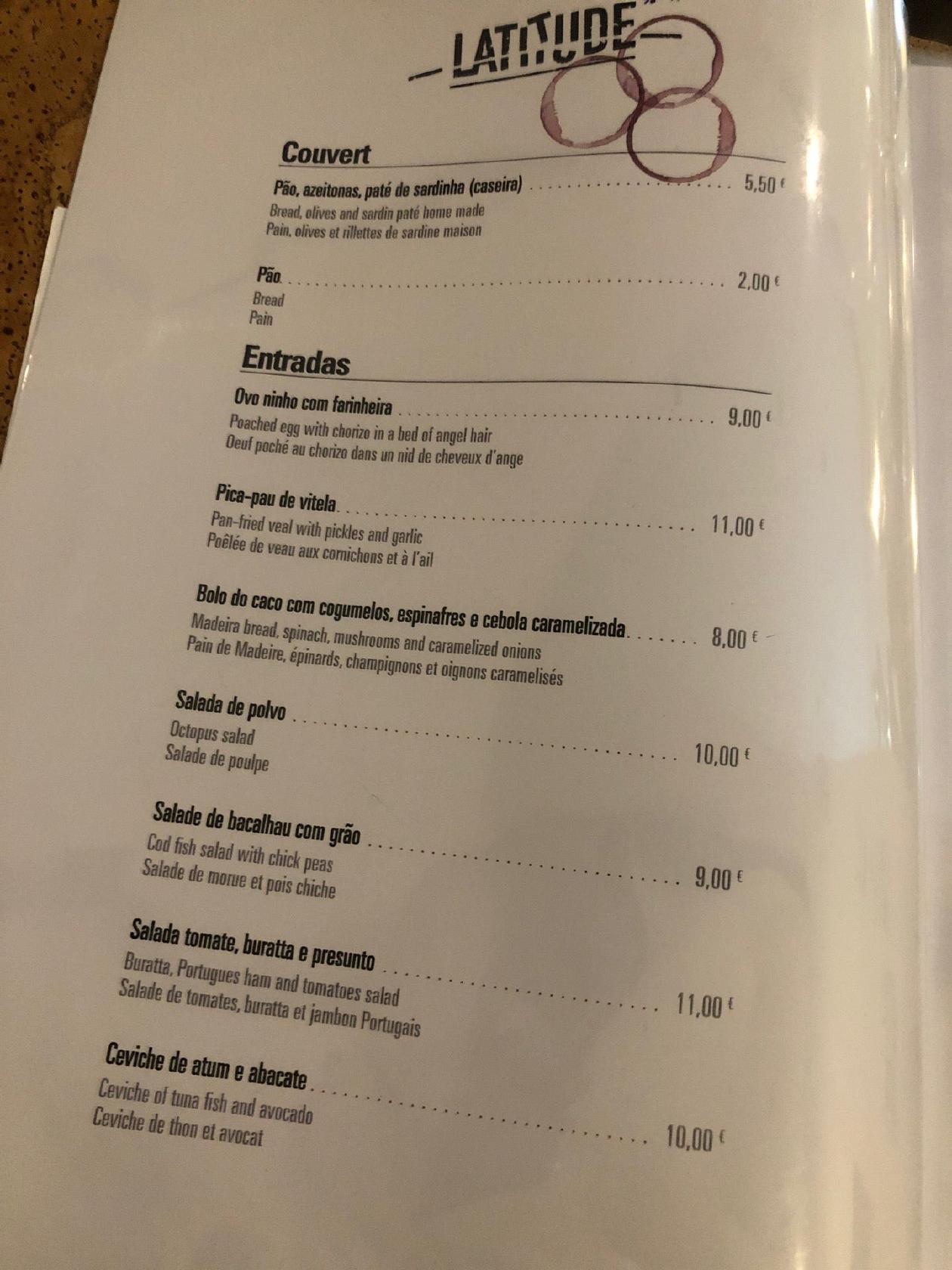 Menu at Restaurant Latitude 38º43', Lisbon