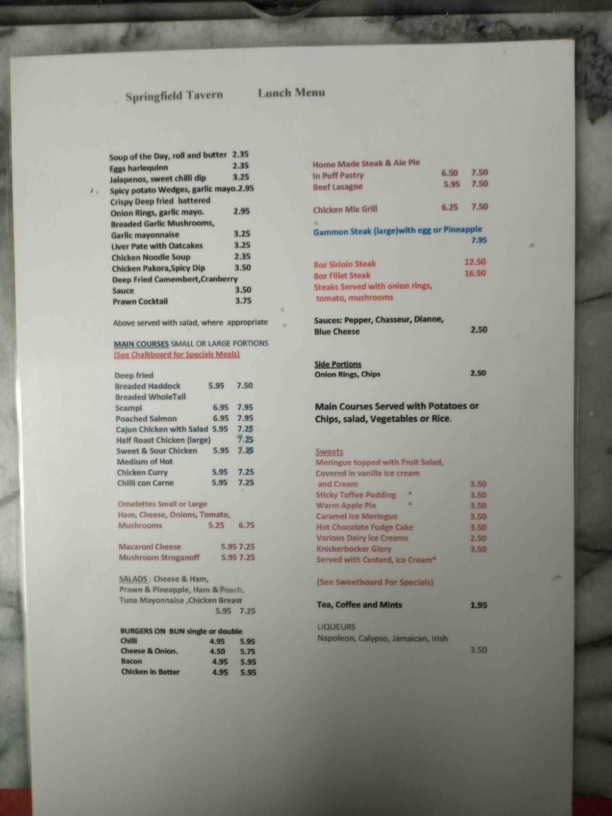 Menu at Springfield Tavern restaurant, Cupar, The Cross