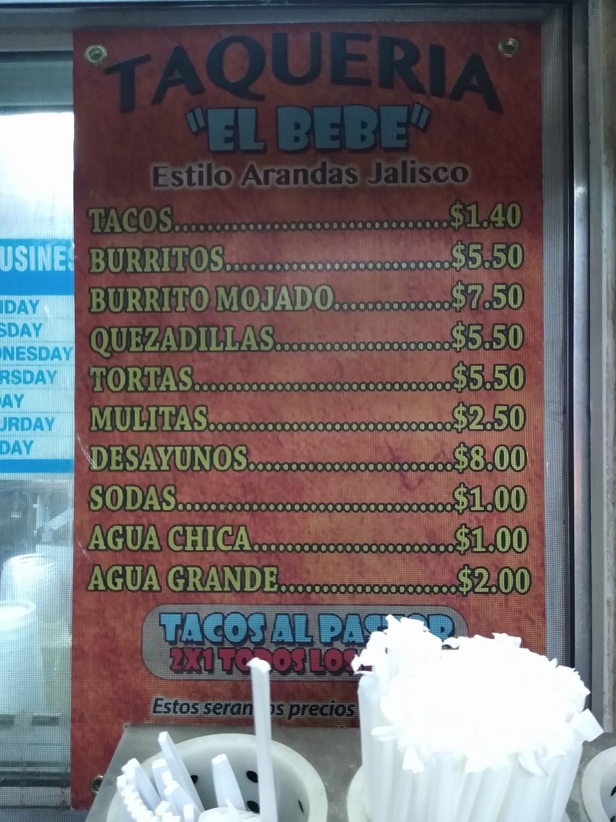 Menu at Taqueria El Bebe restaurant, Bell