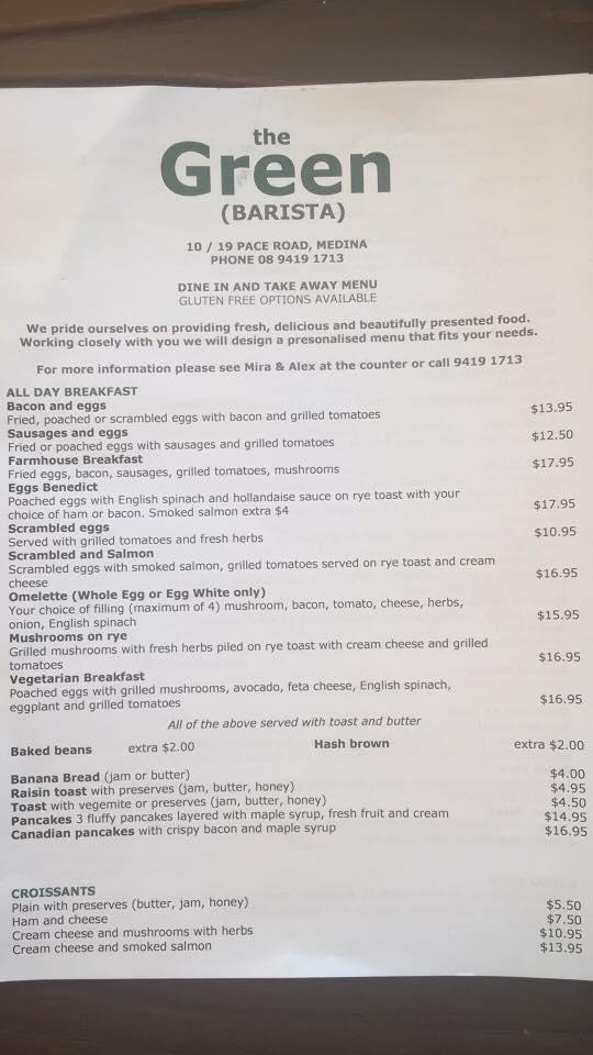 Menu at The Green Barista, Medina