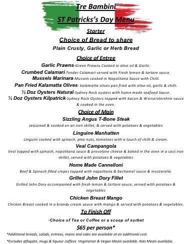 Menu at Tre Bambini Italian & Seafood Restaurant, Berry