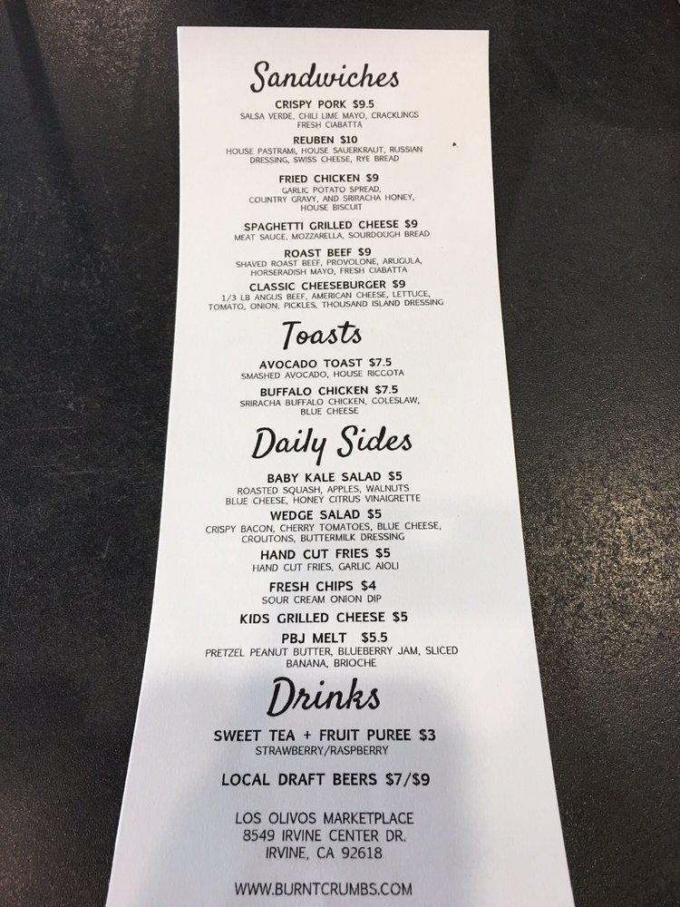 Menu at Burnt Crumbs Irvine restaurant, Irvine