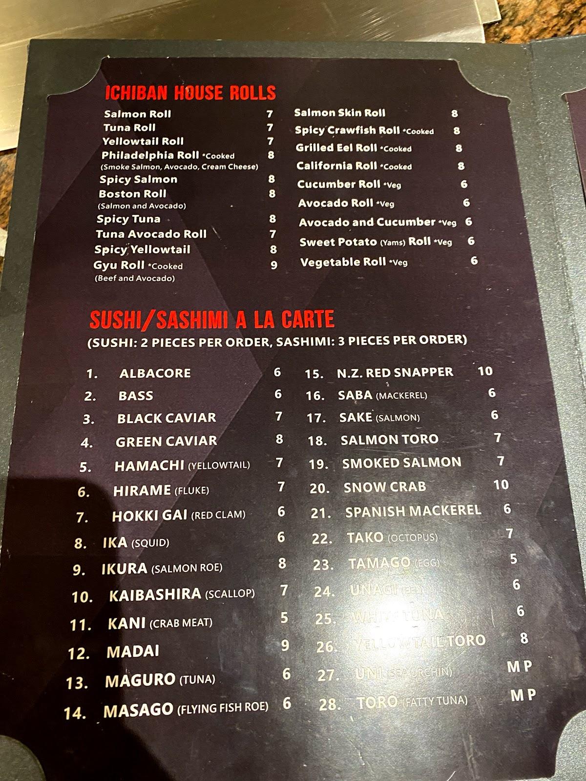 Menu at Ichiban Japanese Steakhouse & Sushi Bar, Waco