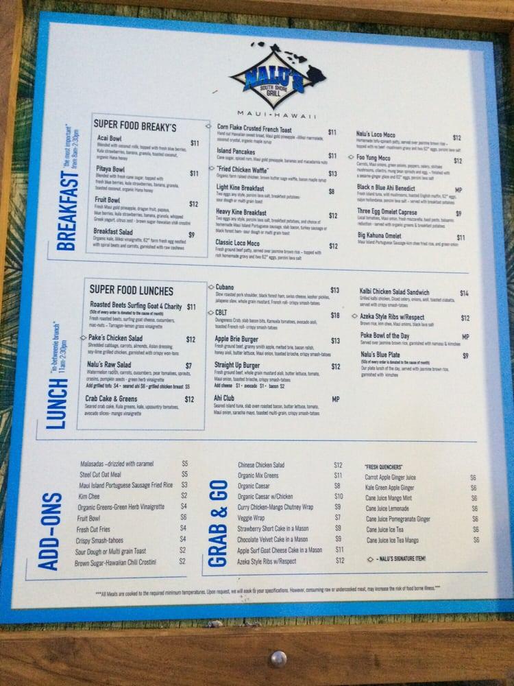 Menu at Nalu's South Shore Grill pub & bar, Kihei